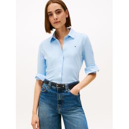 Poloshirt Tommy Hilfiger "1985 SLIM PIQUE BTN DOWN LS mit Polokragen und Label", Damen, Gr. XL (42), blau (ithaca stp, vessel blau), Single Jersey, Obermaterial: 96% Baumwolle, 4% Elasthan, unifarben, slim fit normal, Rundhals, Shirts, unifarben, casual, slim fit, Baumwollmix, Polokragen