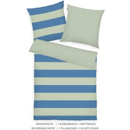 Bettwäsche Tom Tailor HOME "BOLD STRIPES in Gr. 135x200cm, 155x220cm oder 200x220cm", grün (grün leaf, cool blau), B/L: 155cm x 220cm, 1 Stk., 1 Stk., Renforcé, B/L: 80cm x 80cm, 2 Stk., Renforcé, Obermaterial: 100% Baumwolle, Bettwäsche, new bedroom, mit farbigem Markenreißverschluss