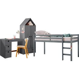 Lüttenhütt Jugendzimmer-Set LÜTTENHÜTT "Alpi", grau, Schlafzimmermöbel-Sets, Hochbett, Schreibtisch und Kleiderschrank in Hausoptik, platzsparend