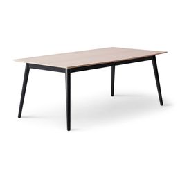 Esstisch HAMMEL FURNITURE "Meza by Hammel", beige (natur, schwarz, natur), B:210cm H:74cm T:100cm, Tischplatte: Weißpigmentiertes, matt lackiertes Eichenfurnier (natürliche MDF-Kante). Gestell: Massive schwarz gebeizte Esche., Tische, rechteckige Tischplatte MDF, Massivholzgestell, mit 2 Einlegeplatten