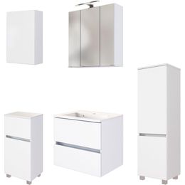 Badmöbel-Set Welltime "Welltime Möbel Baabe Waschtisch-Set 3tlg. oder 5tlg.", weiß (matt weiß), Set 9 5tlg.: Waschtisch 60cm breit, Spiegelschrank 60cm breit, Hängeschrank, Unterschrank, Midischrank, Holzwerkstoff, Kastenmöbel-Sets, gedämpfte Scharniere und Softclose-Funktion, inklusive LED-Beleuchtung