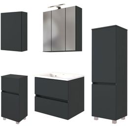 Badmöbel-Set Welltime "Welltime Möbel Baabe Waschtisch-Set 3tlg. oder 5tlg.", grau (matt grau), Set 9 5tlg.: Waschtisch 60cm breit, Spiegelschrank 60cm breit, Hängeschrank, Unterschrank, Midischrank, Holzwerkstoff, Kastenmöbel-Sets, gedämpfte Scharniere und Softclose-Funktion, inklusive LED-Beleuchtung