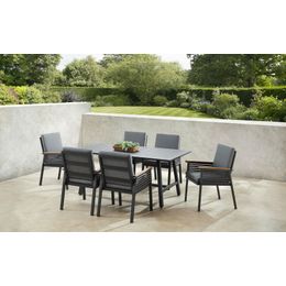Garten-Essgruppe Konifera "Edessa, TOPSELLER", braun (dunkelgrau, braun, anthrazit,), Aluminium, Sitzmöbel-Sets, Tischplatte aus Alu-Lamellen,Armlehne mit Seilgeflecht&Noonwood-Latten