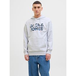 Jack & Jones Kapuzensweatshirt JACK & JONES "JJEBRYAN CORP LOGO SWEAT HOOD NOOS", Herren, Gr. M, grau (weiß melange), angeraute Sweatware, Obermaterial: 100% Baumwolle, bedruckt, meliert, Modisch, relaxed fit taillenbedeckt, ohne Ausschnitt, Rippbündchen, Sweatshirts, mit Logo Druck
