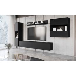 Wohnwand Inosign "PARIS, Vitrine Türanschlag links/rechts wechselbar", schwarz (graphite schwarz matt), B:300cm H:130cm T:33cm, Hartfaserplatte, Kastenmöbel-Sets, grifflose Design, stehend und hängend montierbar