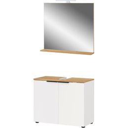 Badmöbel-Set Andas "Majtum bestehend aus Waschbeckenunterschrank & Spiegel", weiß (weiß, navarra, eiche, nachbildung), B:76cm H:200cm T:34cm, Glas, Spanplatte, Kastenmöbel-Sets, inkl. LED-Beleuchtung, Made in Germany