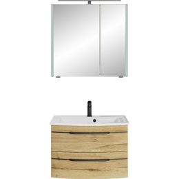 Badmöbel-Set SAPHIR "Serie 7045 2-teilig Mineralmarmor-Waschtisch mit LED-Spiegelschrank", braun (halifax eiche quer nachbildung), B:73,2cm H:200cm T:49,8cm, Spanplatte, Kastenmöbel-Sets, Badezimmer-Set 73,2 cm breit, inkl. Türdämpfer, 2 Türen, 2 Schubladen