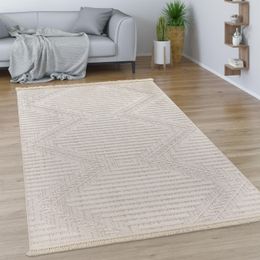 Teppich Paco Home "Buckman 461", beige (creme), B:120cm H:11mm L:170cm, Polyester, Teppiche, Fransenteppich, Kurzflor, Uni Farben, Hoch-Tief Effekt, Rauten, mit Fransen