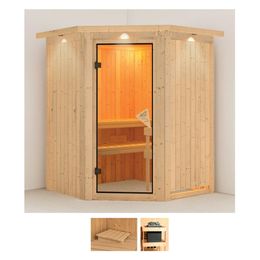 Sauna Karibu "Larin", beige (naturbelassen), ohne Ofen, (ohne Ofen), Saunen, ohne Ofen