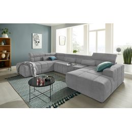 Wohnlandschaft DOMO collection "Brandon, whlw. mit Sitztiefenverstellung, inkl. Nierenkissen", grau (hellgrau), B:359cm H:80cm T:228cm, Kunstleder SOFTLUX;Luxus-Microfaser in Antikleder-Optik (100% Polyester);Luxus-Microfaser (100% Polyester), Sofas, mit Kopfteilverstellung, wahlweise Sitztiefenverstellung, U-Form