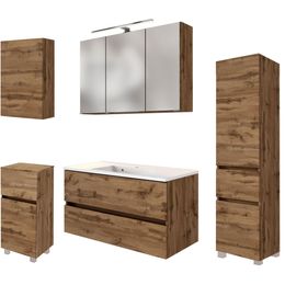Badmöbel-Set Welltime "Welltime Möbel Baabe Waschtisch-Set 3tlg. oder 5tlg.", braun (wotaneiche), Set 15 5tlg.: Waschtisch 100cm breit, Spiegelschrank 100cm breit, Hängeschrank, Unterschrank, Seitenschrank, Holzwerkstoff, Kastenmöbel-Sets, gedämpfte Scharniere und Softclose-Funktion, inklusive LED-Beleuchtung