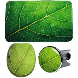 Badaccessoire-Set Sanilo "Blatt", grün, MDF, Polyester, Polyresin (Kunststein), Badaccessoires-Sets, bestehend aus WC-Sitz, Badteppich und Waschbeckenstöpsel