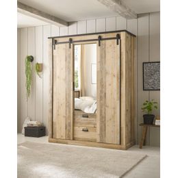 Kleiderschrank Home Affaire "SHERWOOD Schlafzimmerschrank mit Spiegel,2 Schubladen, Wäscheschrank", braun (old style hell dekor), B:161cm H:209cm T:63cm, Schränke, Schiebetüren mit Scheunentorbeschlag aus Metall, B/T/H 161/63/209cm