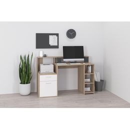 Regal-Schreibtisch FMD "Bolton", weiß (eichefarben, weiß), B:138,5cm H:92cm T:53,5cm, Tische, Schreibtisch mit Stauraum und Ablage, offene Fächer, 138,5 cm breit