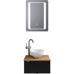 Badmöbel-Set SAPHIR "Serie 6915", schwarz (schwarz matt select, riviera eiche), B:51cm H:200cm T:35cm, Kastenmöbel-Sets, Gäste-Bad, 51 cm breit, mit LED-Spiegel und 1 Tür