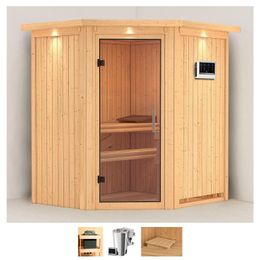 Sauna Karibu "Tomke", beige (naturbelassen), Bio-Kombiofen, externe Steuerung, 3,6 kW, Saunen, 3,6-kW-Bio-Plug & Play Ofen mit externer Steuerung