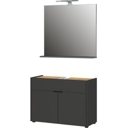 Badmöbel-Set Germania "Ameca", grau (graphit, navarra, eiche, nachbildung), B:80cm H:200cm T:34cm, Glas, Spanplatte, Kastenmöbel-Sets, Badezimmer-Set bestehend aus Waschbeckenunterschrank & Spiegel
