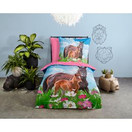 Kinderbettwäsche Good Morning "Dora", rosa, B/L: 135 x 200, 1, 1, Renforcé, B/L: 80, Renforcé, Obermaterial: 100% Baumwolle, Bettwäsche, Baumwolle, 135x200, Reißverschluss, Wendeoptik, Kind, Mädchen, Pferd