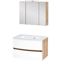Waschtisch-Set Welltime "Kaunas", weiß (matt weiß, wotaneiche), B:80cm H:200cm T:49cm, Kastenmöbel-Sets, Breite 80 cm, Soft-Close-Funktion