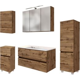 Badmöbel-Set Welltime "Welltime Möbel Baabe Waschtisch-Set 3tlg. oder 5tlg.", braun (wotaneiche), Set 11 5tlg.: Waschtisch 100cm breit, Spiegelschrank 100cm breit, Hängeschrank, Unterschrank, Midischrank, Holzwerkstoff, Kastenmöbel-Sets, gedämpfte Scharniere und Softclose-Funktion, inklusive LED-Beleuchtung