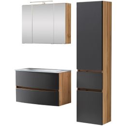 Badezimmer-Set Welltime "Kaunas", grau (matt grau, wotaneiche), B:120cm H:200cm T:49cm, Kastenmöbel-Sets, bestehend aus Waschtisch-Set mit Seitenschrank, Breite 120 cm
