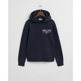 Hoodie Gant "REG GRAPHIC HOODIE", Damen, Gr. XXL, blau (evening blau), Sweatware, Obermaterial: 80% Baumwolle, 20% Polyester, Casual, regular fit, Rippbündchen, Sweatshirts, gerippte Abschlüsse, Kapuze ohne Kordel