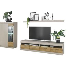 Wohnwand Inosign "SCARA", grau (kieselgrau), B:300cm H:170cm T:45cm, Kastenmöbel-Sets, trendige Farbe mit Applikation Zinneiche Dekor, mit Softclose-Funktion