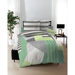 Wendebettwäsche Kaeppel "Rising Sun", grün, B/L: 155cm x 220cm, 1 Stk., 1 Stk., Mako-Satin, B/L: 80cm x 80cm, 2 Stk., Mako-Satin, Obermaterial: 100% Baumwolle, Bettwäsche