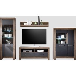 HBZ-MEBLE Mediawand HBZ "Balin mit LED-Beleuchtung, Stellmaß 325x197x45 cm", schwarz (eiche canyon, schwarz eiche), B:325cm H:197cm T:45cm, Holzwerkstoff, Sideboards, Wohnwand, TV Lowboard für 55 Zoll geeignet