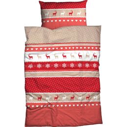 Bettwäsche CASATEX "Garmisch", rot, B/L: 155cm x 220cm, 1 Stk., 1 Stk., Biber, B/L: 80cm x 80cm, 2 Stk., Biber, Obermaterial: 100% Baumwolle, Bettwäsche, schöne Hirschmotive, Herzen und Schneekristallen