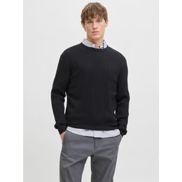 Jack & Jones Strickpullover JACK & JONES "JJEEMIL KNIT CABLE CREW NECK NOOS", Herren, Gr. XS, schwarz, Strick, Obermaterial: 60% Baumwolle, 20% Nylon, 20% Viskose, unifarben, regular fit hüftlang, Rundhals, Bündchen, Pullover