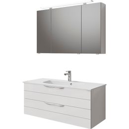 Badmöbel-Set SAPHIR "Serie 6025 2-teilig Mineralmarmor-Waschtisch mit LED-Spiegelschrank", weiß (weiß hochglanz select), B:117cm H:200cm T:48cm, Spanplatte, Kastenmöbel-Sets, Waschplatz 117cm breit, 2 Schubladen, 3 Spiegel-Türen, inkl Türdämpfer