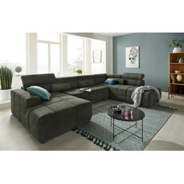 Wohnlandschaft DOMO collection "Brandon, whlw. mit Sitztiefenverstellung, inkl. Nierenkissen", grün (dunkelgrün), B:359cm H:80cm T:228cm, Kunstleder SOFTLUX;Luxus-Microfaser in Antikleder-Optik (100% Polyester);Luxus-Microfaser (100% Polyester), Sofas, mit Kopfteilverstellung, wahlweise Sitztiefenverstellung, U-Form