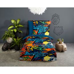 Kinderbettwäsche "Jeff", bunt (multi), B/L: 135cm x 200cm, 1 Stk., 1 Stk., Microfaser, B/L: 80cm x 80cm, 2 Stk., Microfaser, Obermaterial: 100% Polyester, PURE LUXURY COLLECTION, Bettwäsche, Mikrofaser, 135x200, Reißverschluss, Wendeoptik, Junge, Kind, Graffiti