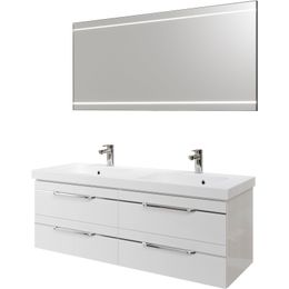 Badmöbel-Set SAPHIR "Balto 2-teilig Mineralmarmor-Doppelwaschtisch mit LED-Spiegel", weiß (weiß hochglanz mit chromeinlage), B:150cm H:200cm T:50,8cm, Spanplatte, Kastenmöbel-Sets, Waschplatz 150 cm breit, 4 Schubladen, inkl. Schubladendämpfer