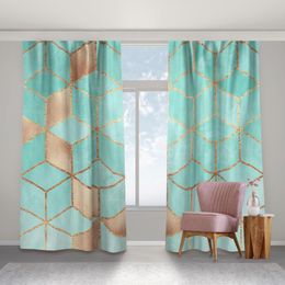 Bilderwelten Vorhang Türkis Weiß goldene Geometrie - blickdichte Gardine Abstrakt Aquarell Kunstdruck Muster Wohnzimmer Schlafzimmer Küche Bad Badezimmer Türkis