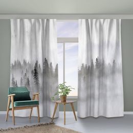 Vorhang Nebel im Tannenwald Schwarz-Weiß - blickdichte Gardine Wald Bäume Natur Schwarz-Weiß Wohnzimmer Schlafzimmer Küche Bad Badezimmer Schwarz/Weiß