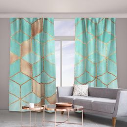 Vorhang Türkis Weiß goldene Geometrie - blickdichte Gardine Abstrakt Aquarell Kunstdruck Muster Wohnzimmer Schlafzimmer Küche Bad Badezimmer Türkis