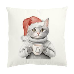 Bilderwelten Dekokissen Kissenbezug Weihnachtskatze mit Tasse