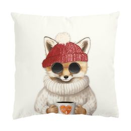 Bilderwelten Dekokissen Kissenbezug Weihnachtsfuchs mit Tasse