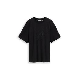 Tom Tailor Denim Damen Oversize T-Shirt mit Strasssteinen, schwarz, Uni, Gr. XL
