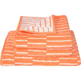 Handtuch Set Dyckhoff "New Coral Panels", orange (koralle), 3 Stk., Walkfrottier, Walkfrottier, Obermaterial: 100% Baumwolle, Handtuch-Sets, 2 Handt&uuml;cher (50x100 cm) und 1 Badetuch (70x140 cm)