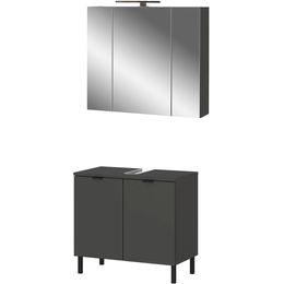 Badmöbel-Set Germania "GW-Arcena", grau (graphit), B:60cm H:200cm T:34cm, Glas, Spanplatte, Kastenmöbel-Sets, mit integrierter LED-Beleuchtung