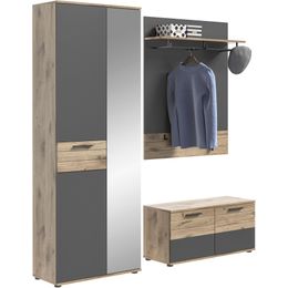 Garderoben-Set Inosign "Riga, Breite 175 cm, hochwertige Rillenfräsung, 3-teilig, best. aus:", grau (nox oak nb, basalt grau nb, nox oak mdf tz), B:175cm H:200cm T:38cm, Kastenmöbel-Sets, Garderobenschrank, Sitzbank, Paneel