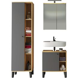 Badmöbel-Set Inosign "OSLO, Bad im skandinavischen Design, 5-teiliges Badezimmer", grau (eiche evoke, grau), B:121cm H:197cm T:33cm, Holzwerkstoff, Kastenmöbel-Sets, Badschränke und Spiegel, in zwei Farben verfügbar, viel Stauraum