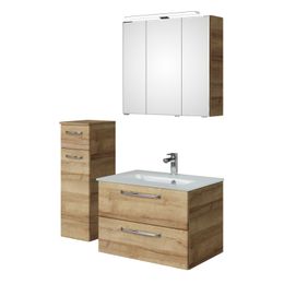 Badmöbel-Set SAPHIR "Badmöbel-Set Trentino 3-teilig Glas-Waschtisch mit LED-Spiegelschrank", braun (riviera eiche quer nb), Kastenmöbel-Sets, Badezimmer-Set mit Unterschrank inkl. Türdämpfer
