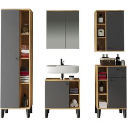 Badmöbel-Set Inosign "OSLO, Bad im skandinavischen Design, 5-teiliges Badezimmer", grau (eiche evoke, grau), B:182cm H:190cm T:33cm, Holzwerkstoff, Kastenmöbel-Sets, Badschränke und Spiegel, in zwei Farben verfügbar, viel Stauraum