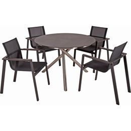 Garten-Essgruppe Garden Pleasure "Tischgruppe »SOPHIA«", grau (pfefferschwarz (industrial),,), Edelstahl, Kunststoff, Sitzmöbel-Sets, 4 Stühle (stapelbar), Tisch Ø110 cm
