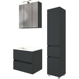 Badmöbel-Set Welltime "Welltime Möbel Baabe Waschtisch-Set 3tlg. oder 5tlg.", grau (matt grau), Set 5 3tlg.: Waschtisch 60cm breit, Spiegelschrank 60cm breit, Seitenschrank, Holzwerkstoff, Kastenmöbel-Sets, gedämpfte Scharniere und Softclose-Funktion, inklusive LED-Beleuchtung