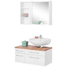 Badmöbel-Set Welltime "Davos", weiß, Siphonausschnitt rechts, Holzwerkstoff, MDF, Melamin, Kastenmöbel-Sets, Spiegel inklusive Beleuchtung, Regal und Waschbeckenunterschrank